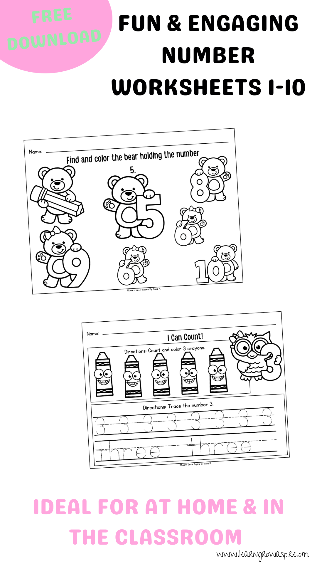 FREE Number Worksheets 1-10 | Learn Grow Aspire