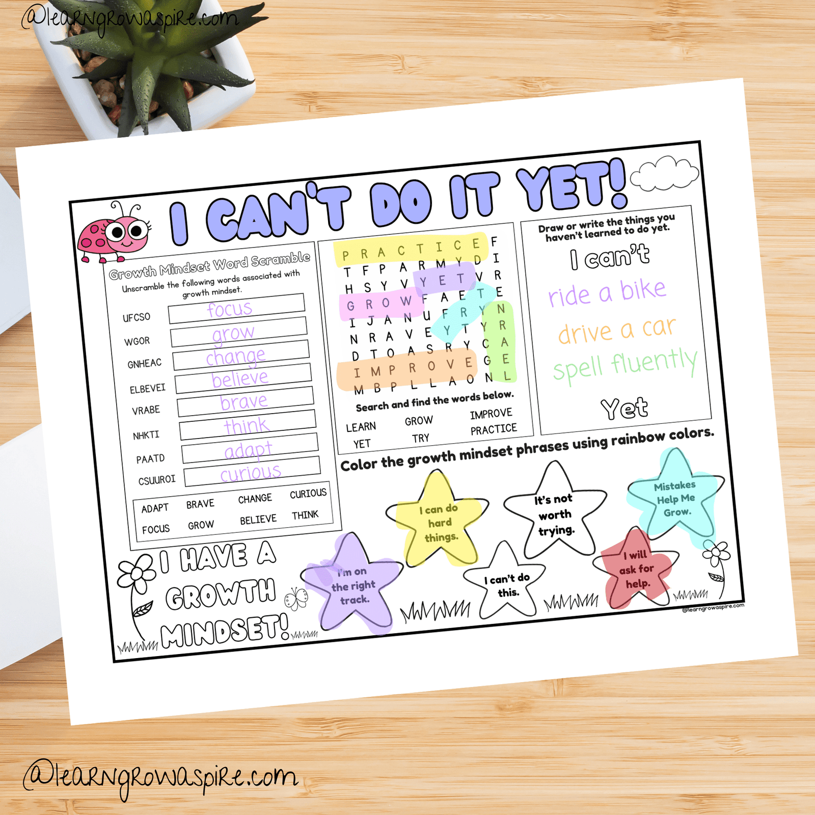 Free Growth Mindset Activity Placemat For Kids | Learn Grow Aspire