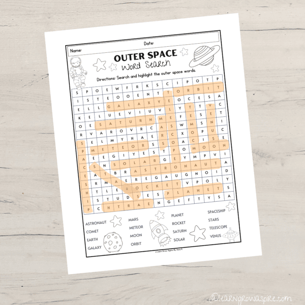 Free Space Word Search For Kids Printable | Learn Grow Aspire