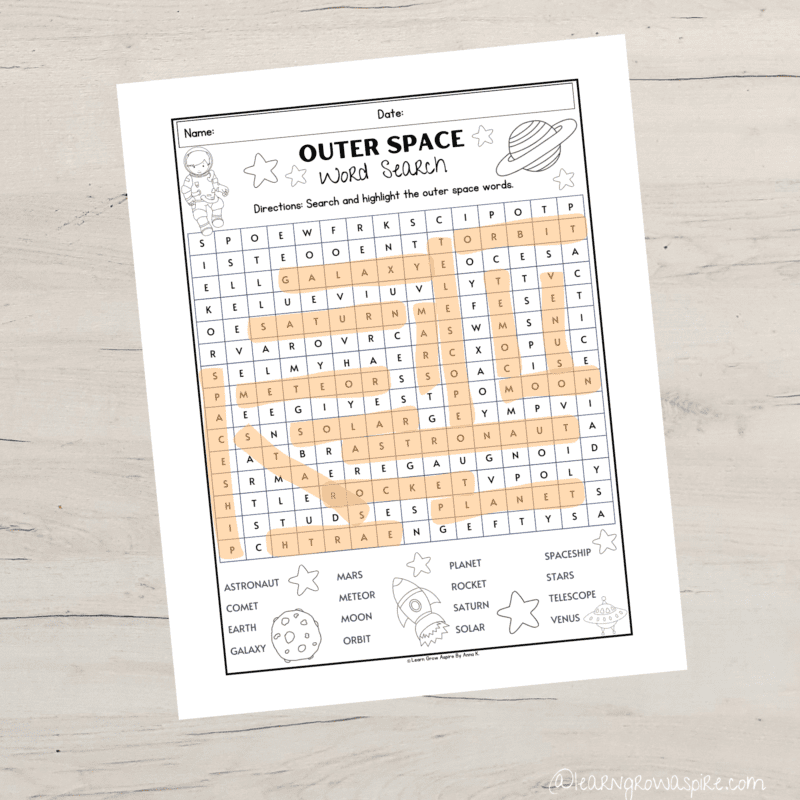 Free Space Word Search For Kids Printable | Learn Grow Aspire
