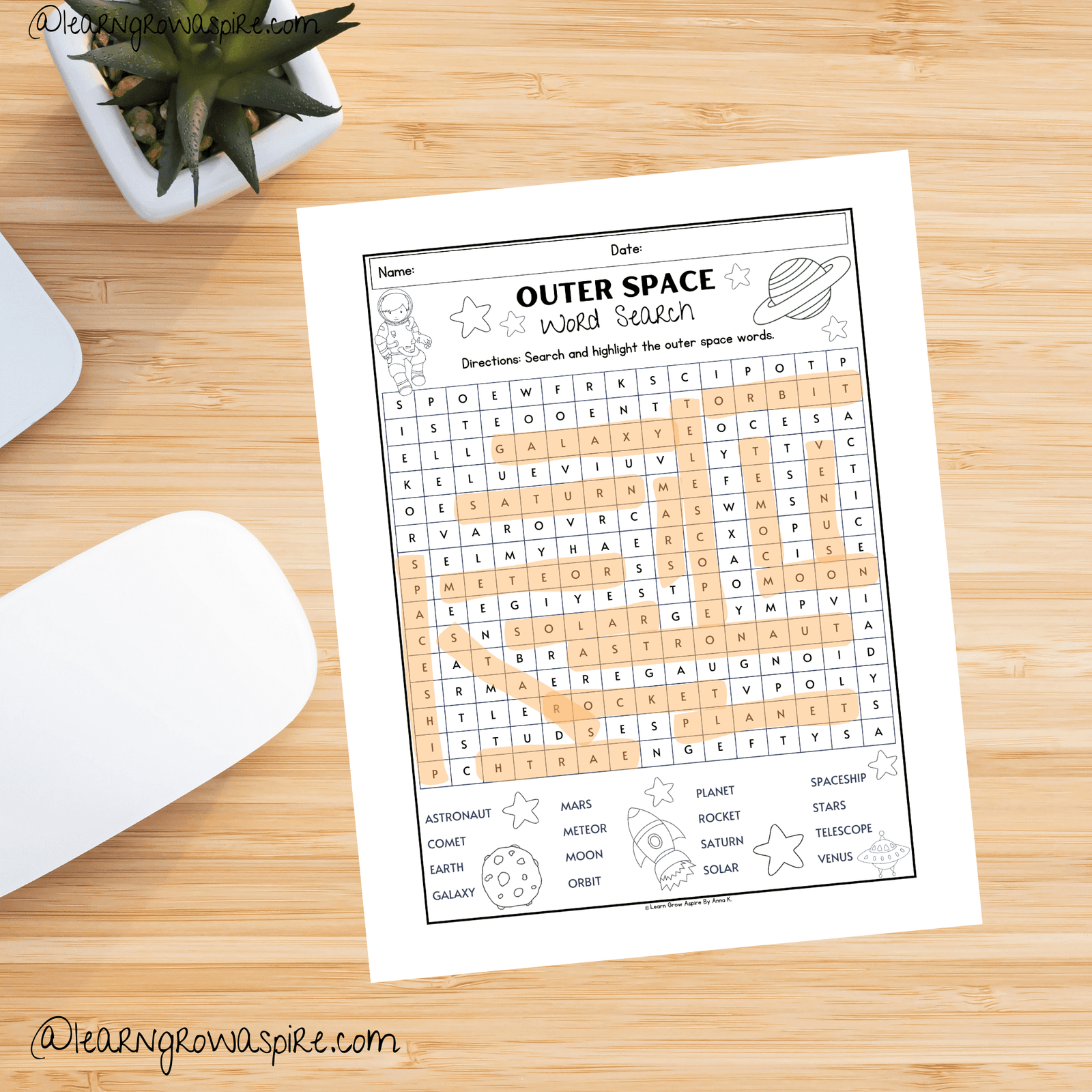 Free Space Word Search For Kids Printable | Learn Grow Aspire