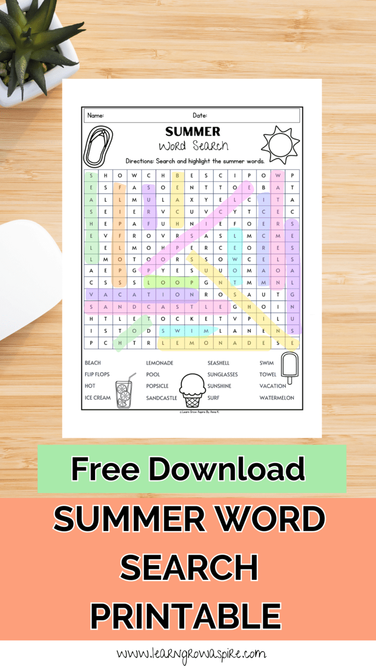 Summer Printable Word Search For Kids (Free) | Learn Grow Aspire