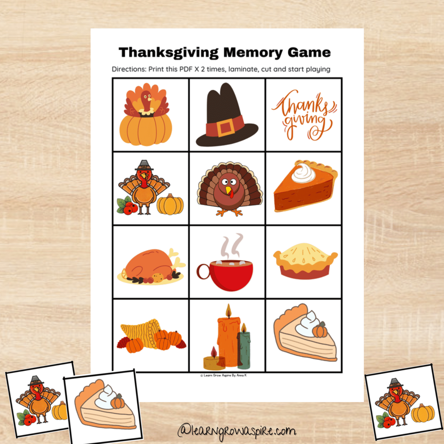 Thanksgiving Memory Game Free Printable PDF | Learn Grow Aspire