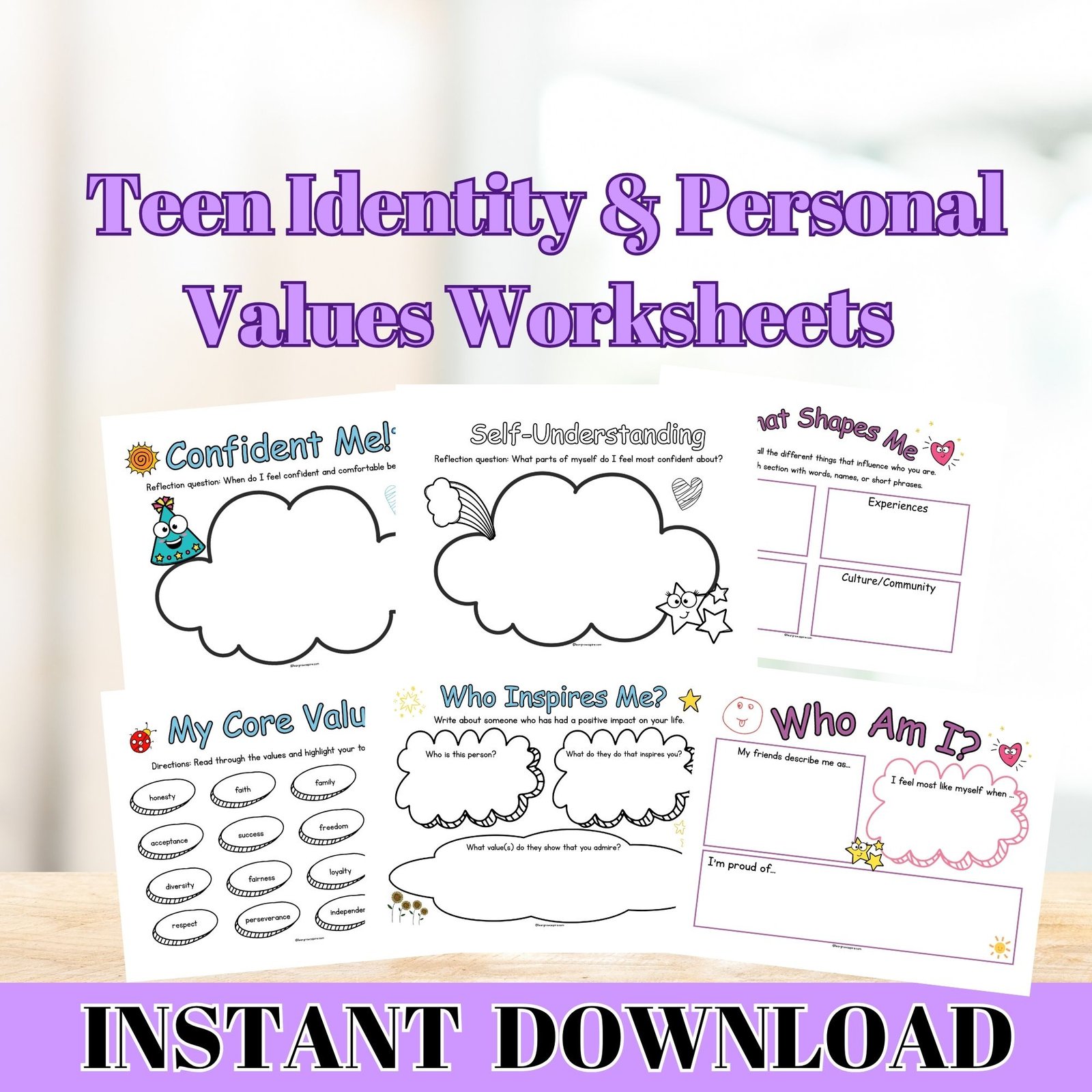 Teen Identity And Personal Values Worksheets For Self-Discovery | Learn ...