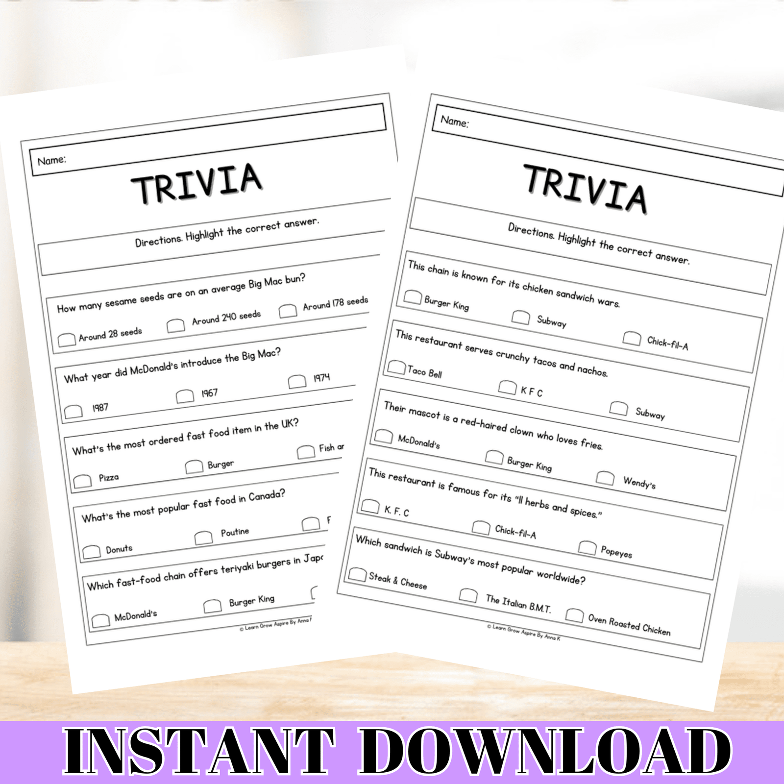 Fast Food Trivia Questions And Answers (+ Free Printable) | Learn Grow ...